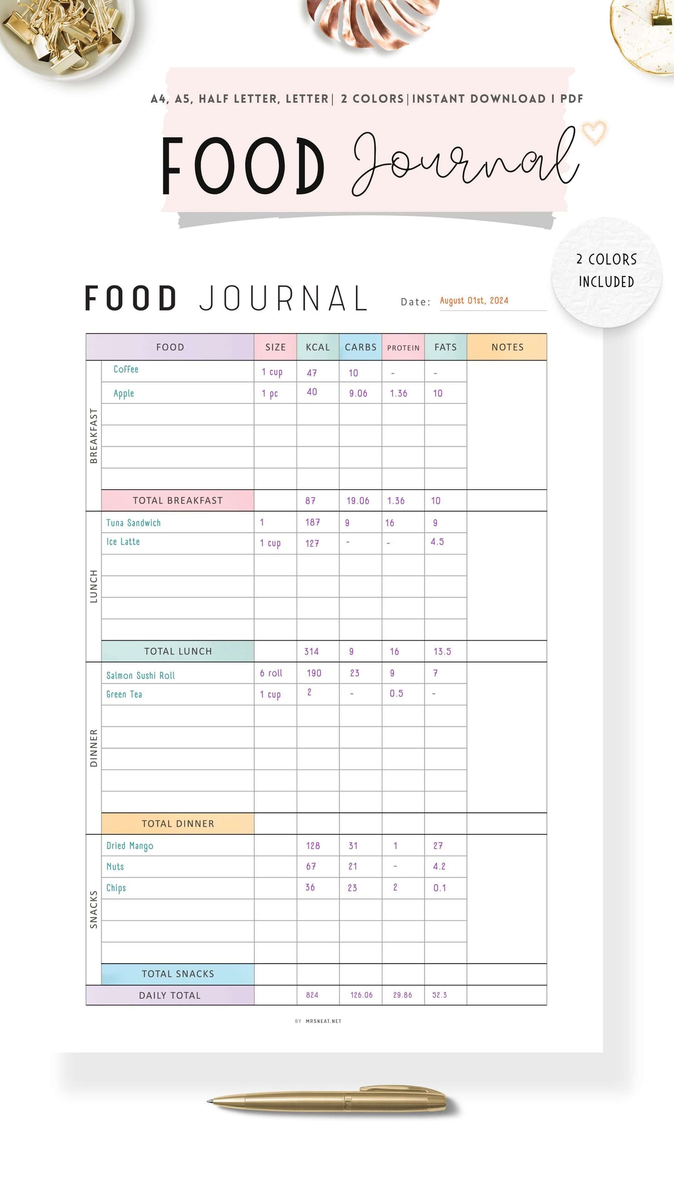 Daily Calorie Tracker Template Printable - M393 – mrsneat