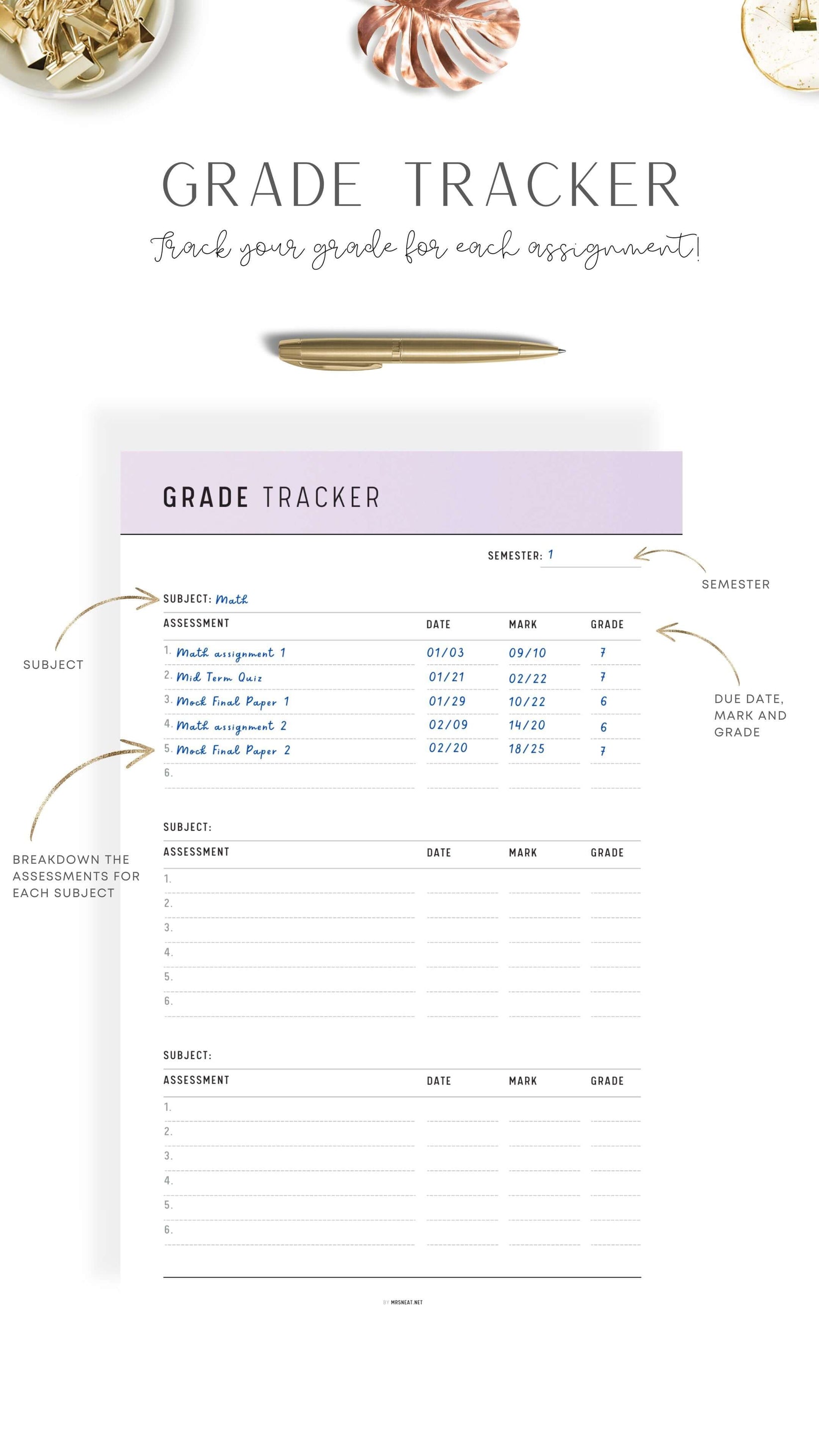 Printable Grade Tracker Template – mrsneat