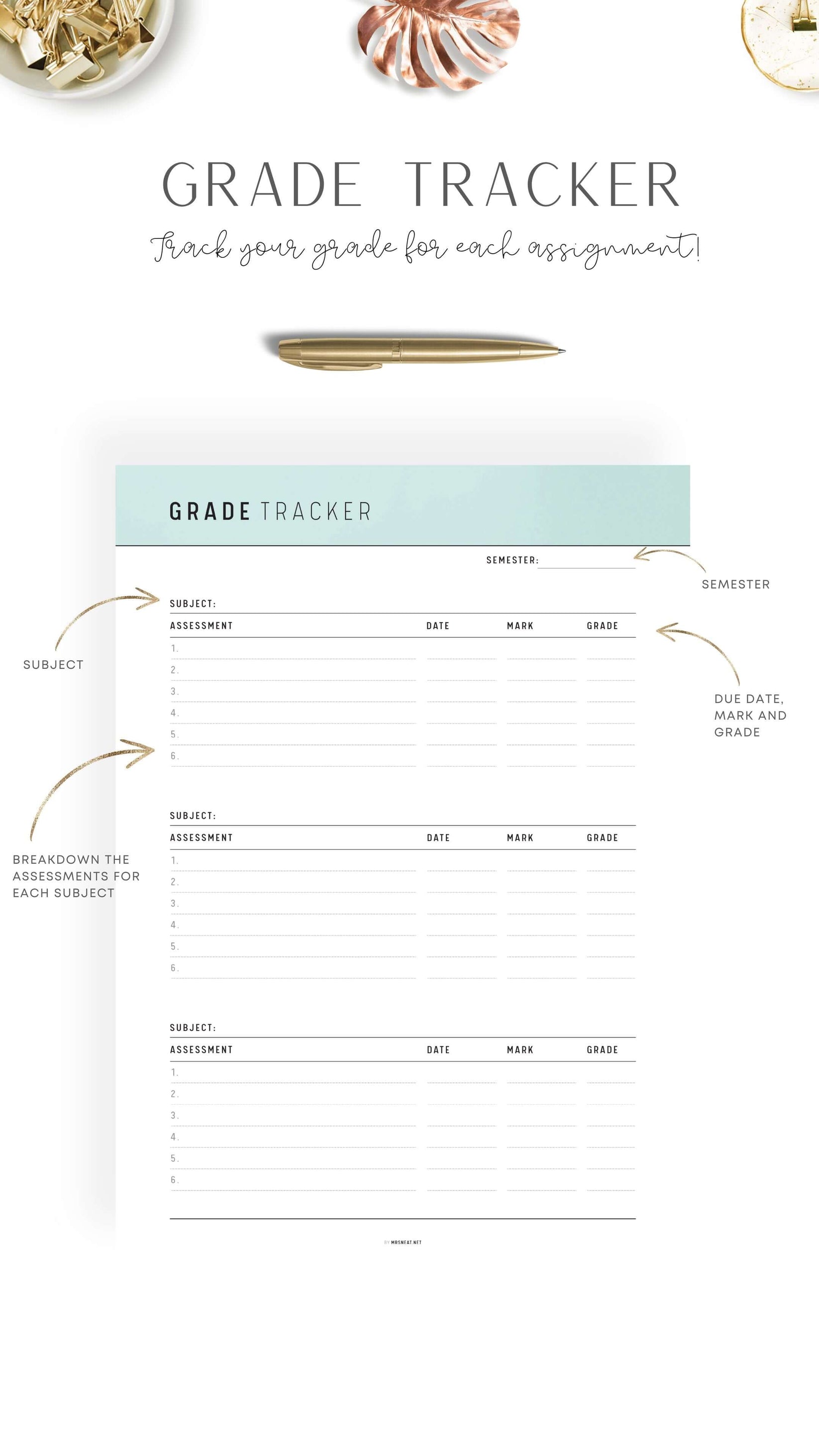 Printable Grade Tracker Template - M302 – mrsneat