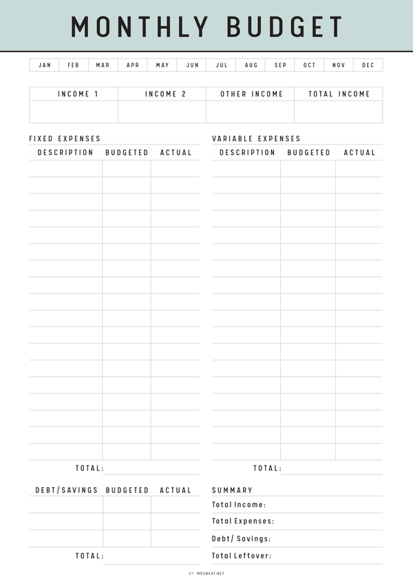 Monthly Budget Template Printable - M418 – mrsneat
