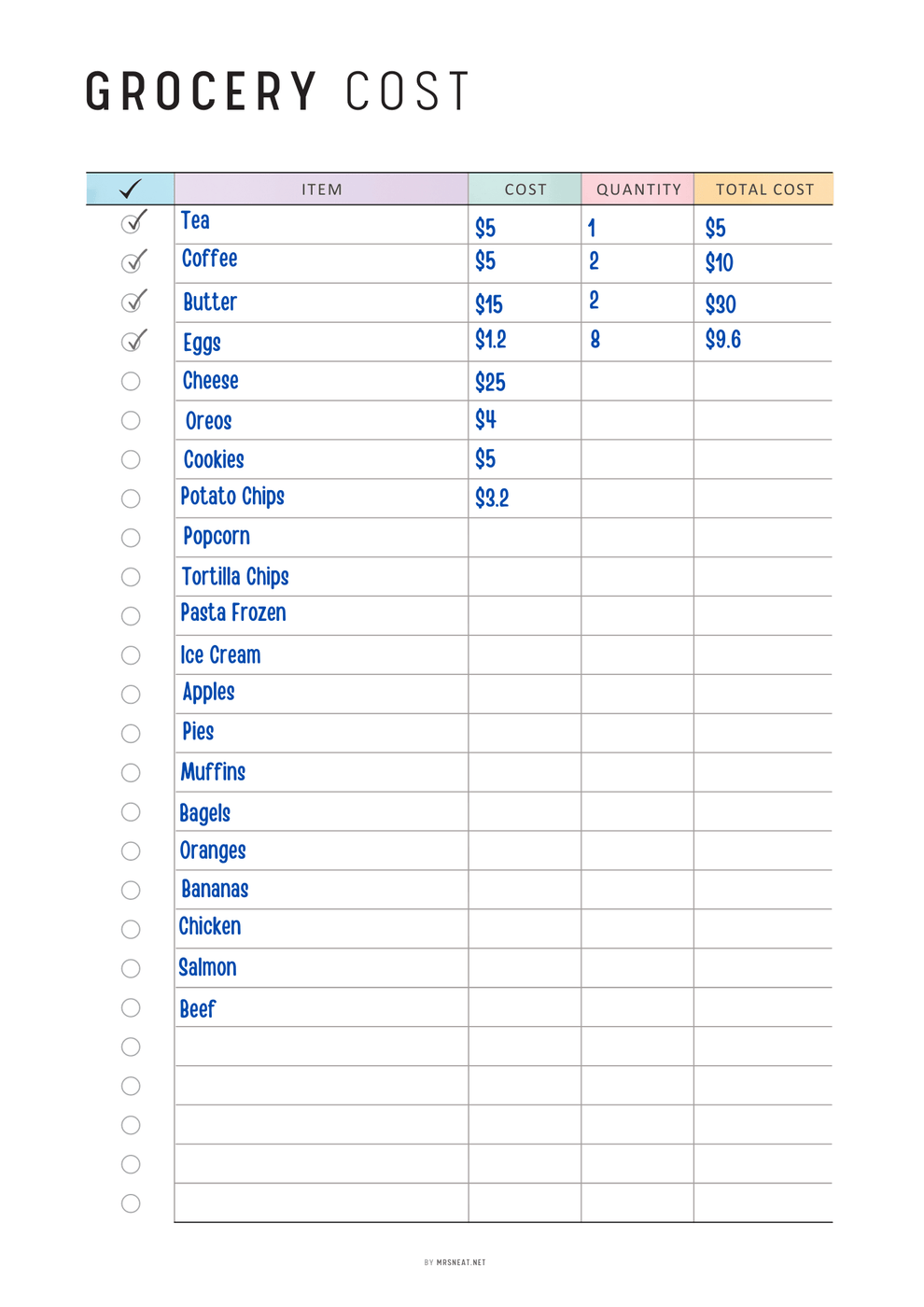 Fillable Grocery Budget Planner Printable - M325 – mrsneat