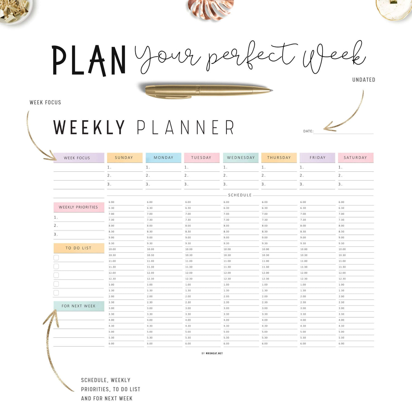 Half Hour Weekly Planner Landscape Template - M416 – mrsneat