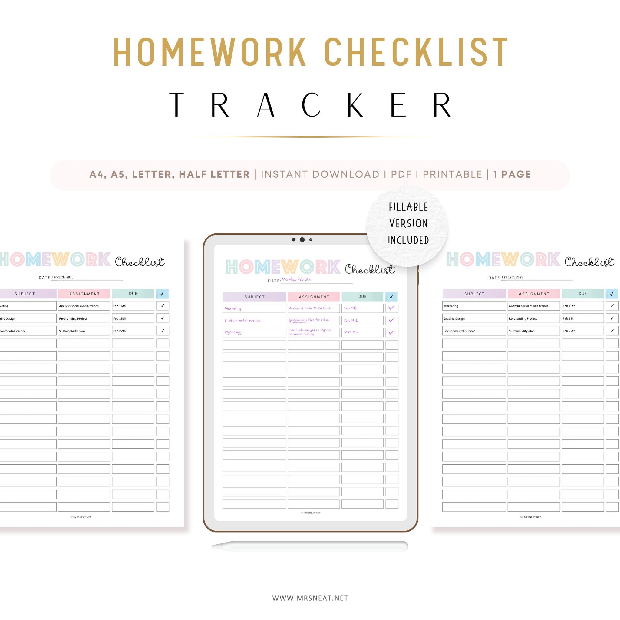 Homework Checklist Template Printable - M540 – mrsneat