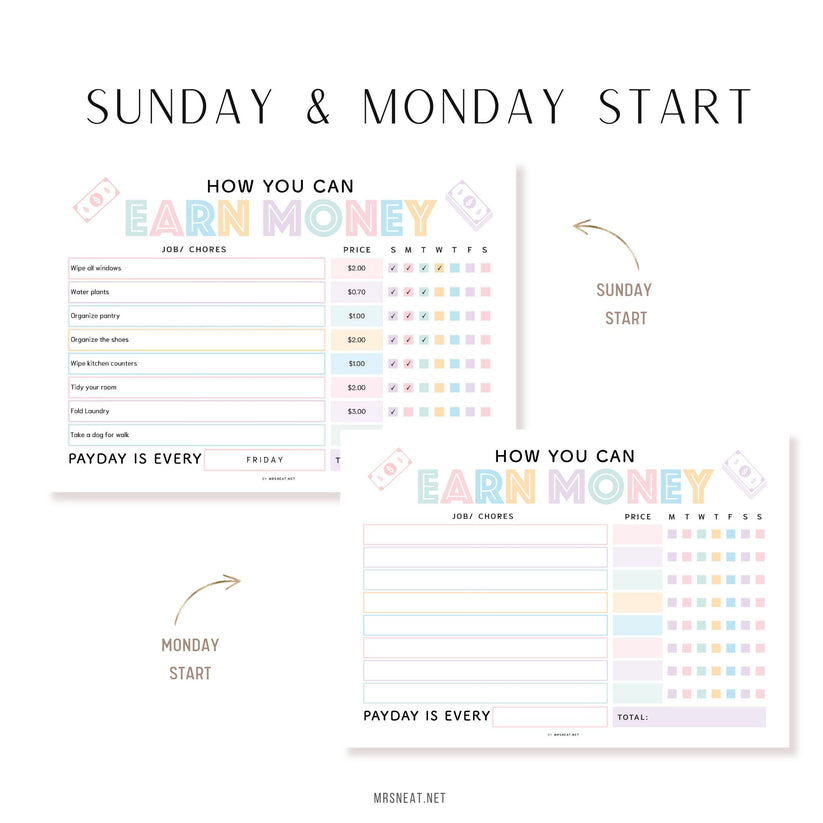 How to earn money chore chart PRINTABLE - M533 – mrsneat
