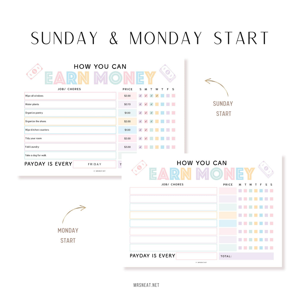 How to earn money chore chart PRINTABLE - M533 – mrsneat