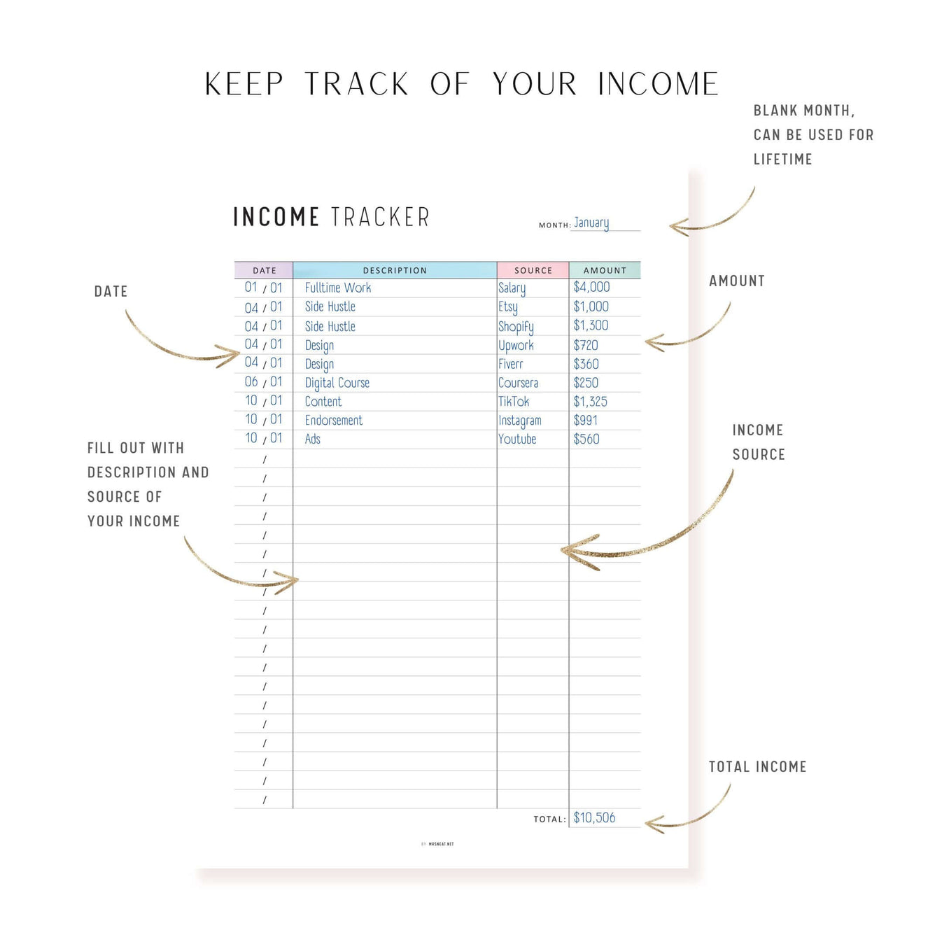Income Tracker Printable - M439 – mrsneat