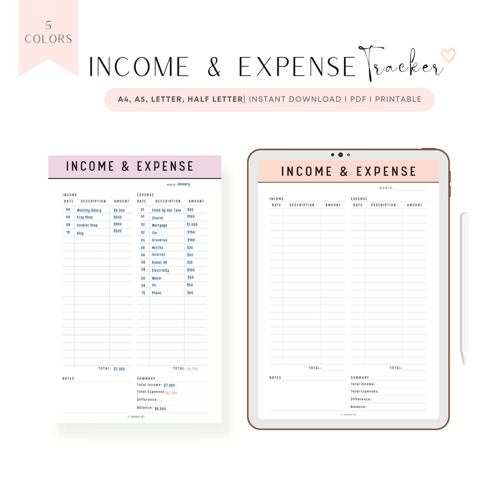 Income and Expense Tracker on One Page Printable - M279 – mrsneat
