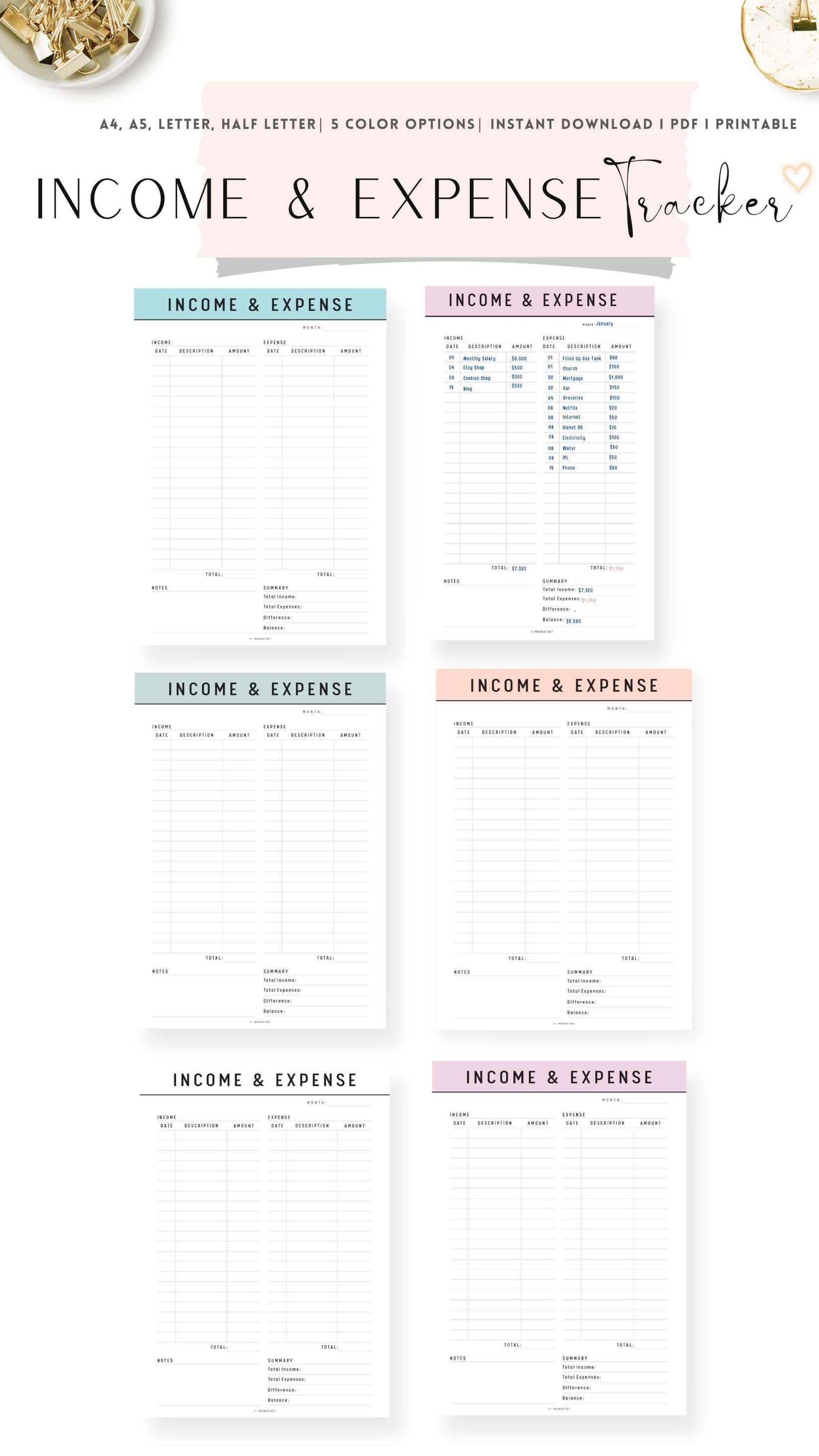 Income and Expense Tracker on One Page Printable - M279 – mrsneat