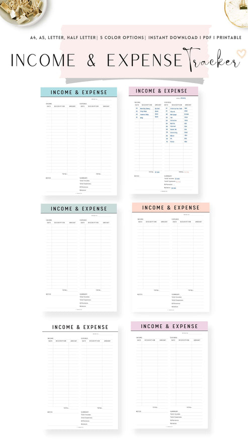 Income and Expense Tracker on One Page Printable – mrsneat