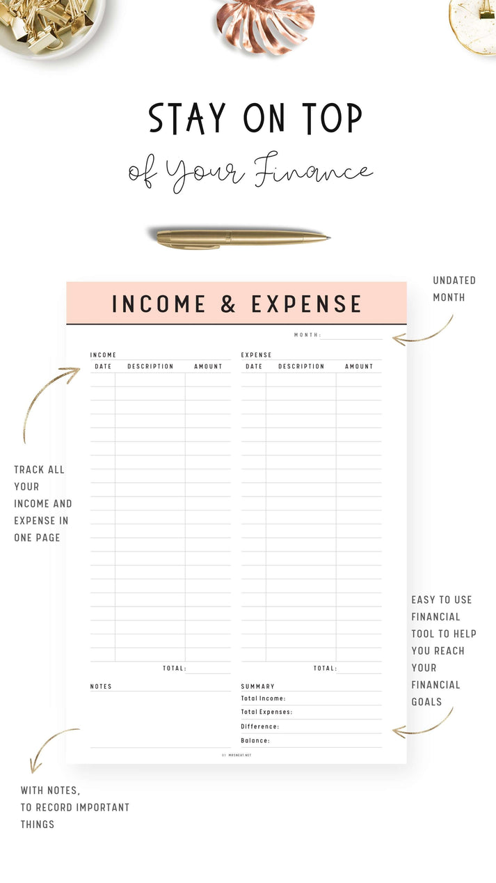 Income and Expense Tracker on One Page Printable – mrsneat