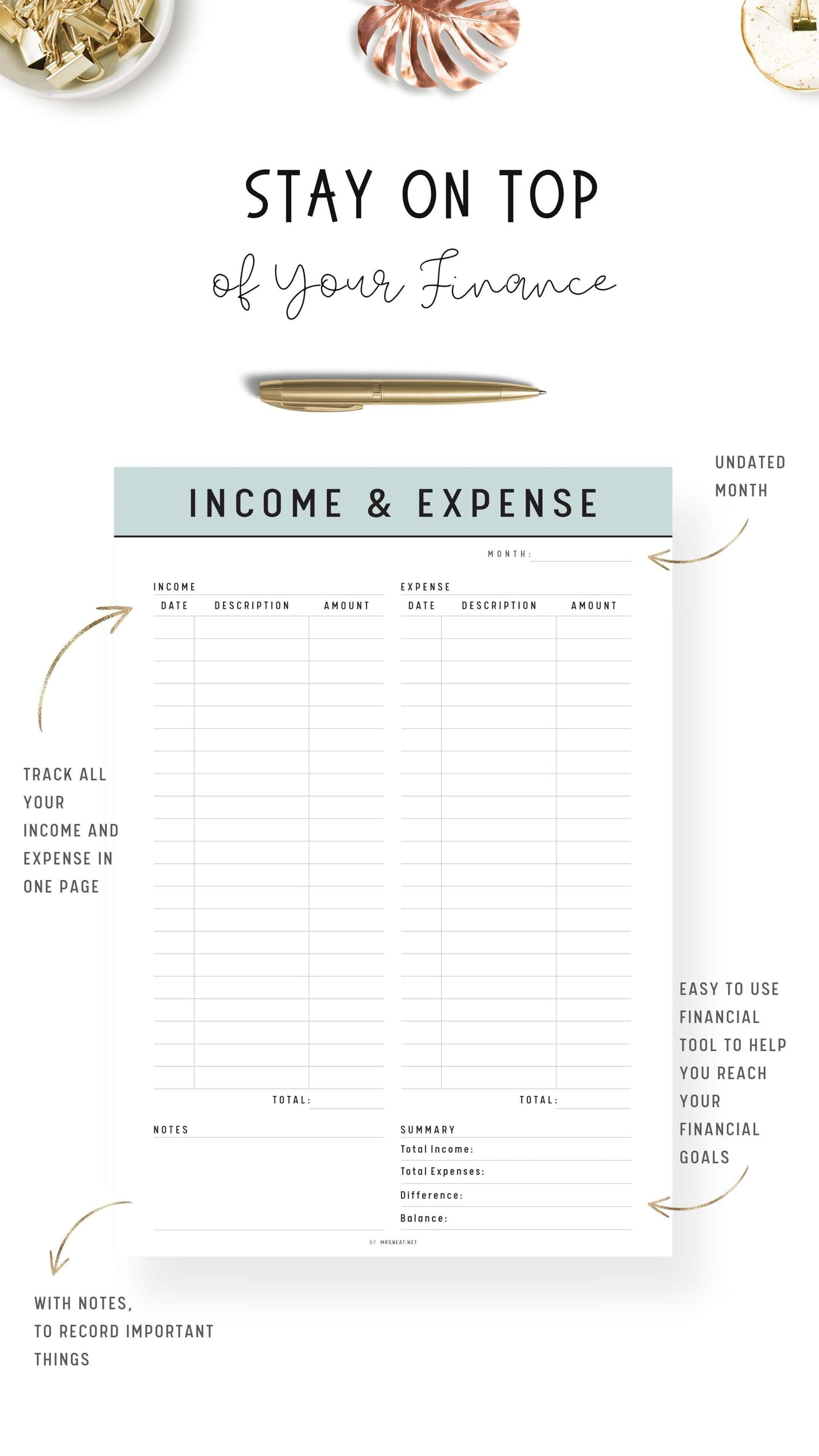 Income and Expense Tracker on One Page Printable – mrsneat