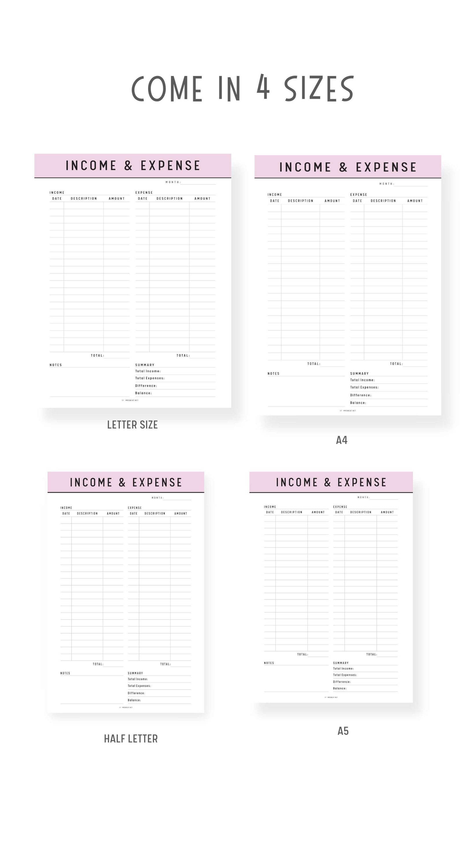 Income and Expense Tracker on One Page Printable – mrsneat