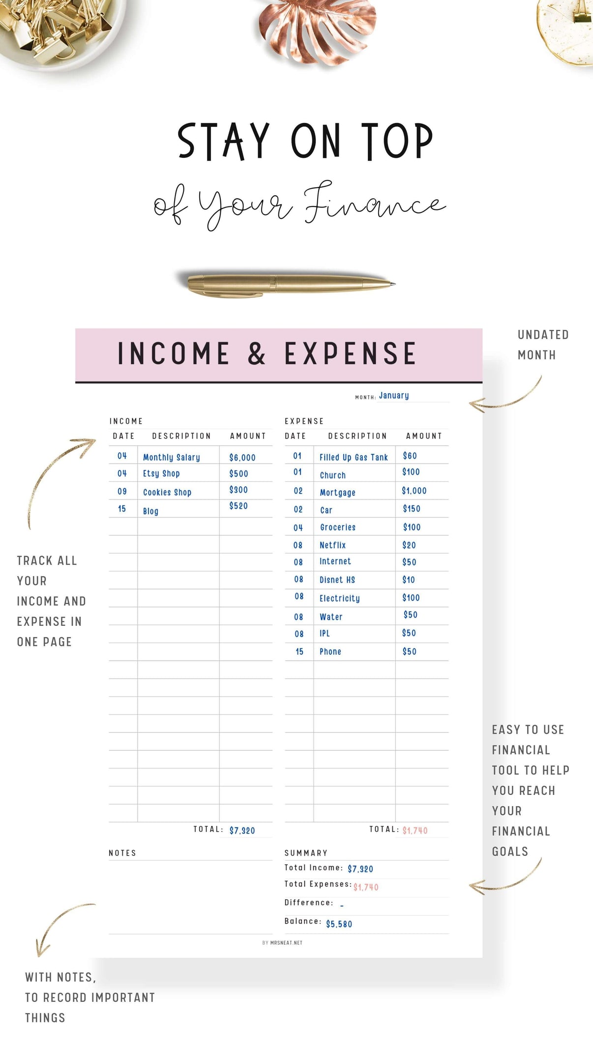 Income and Expense Tracker on One Page Printable – mrsneat