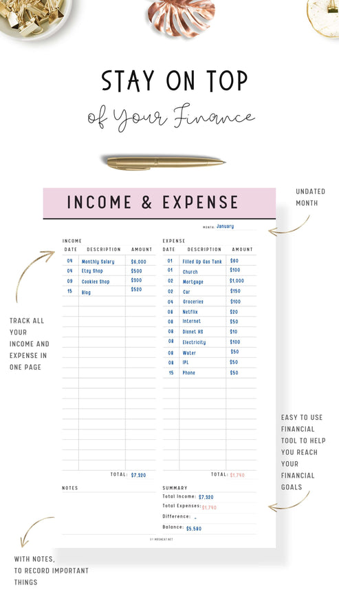 Income and Expense Tracker on One Page Printable - M279 – mrsneat