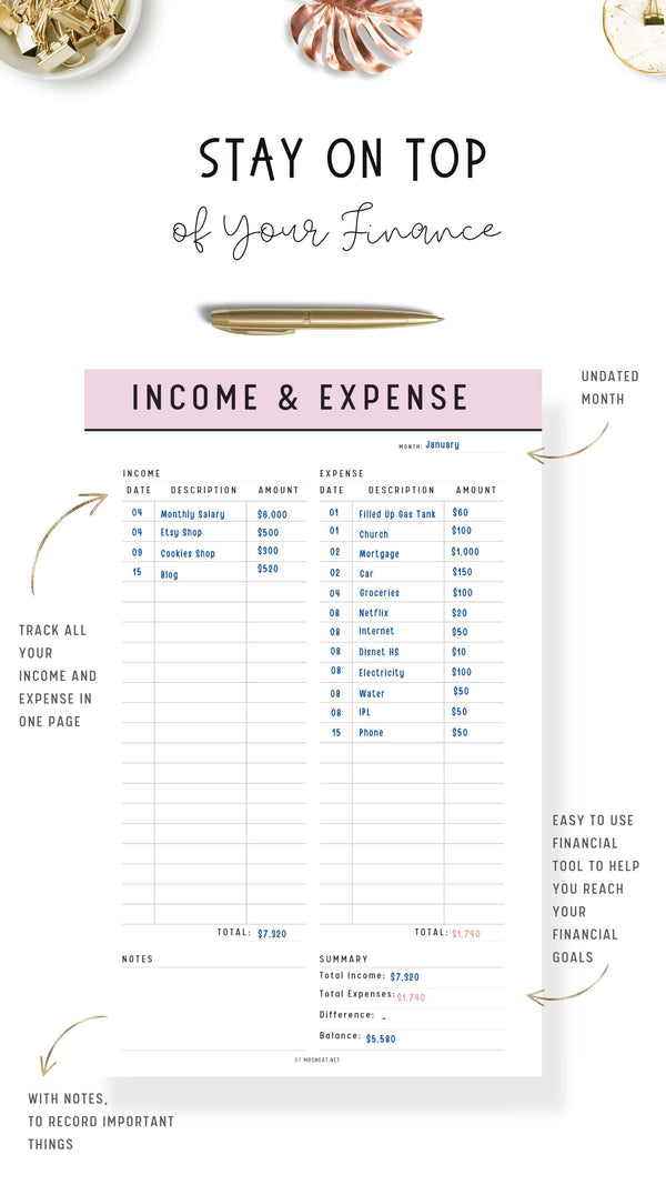 Income and Expense Tracker on One Page Printable - M279 – mrsneat