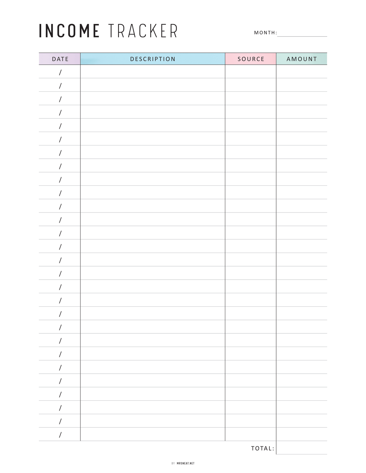 Income Tracker Printable - M439 – mrsneat