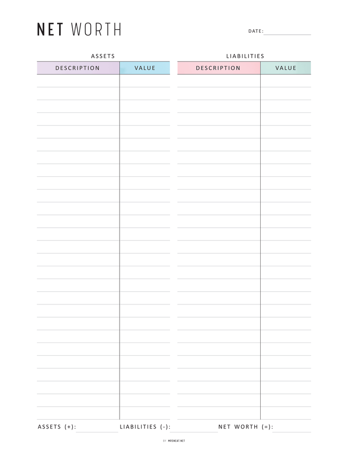 Net Worth Calculator Sheet - M441 – mrsneat