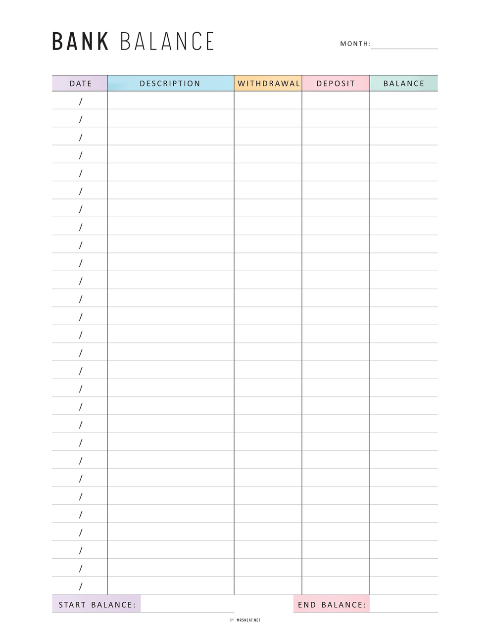 PRINTABLE Bank Balance Sheet, 2 Colors - M446 – mrsneat