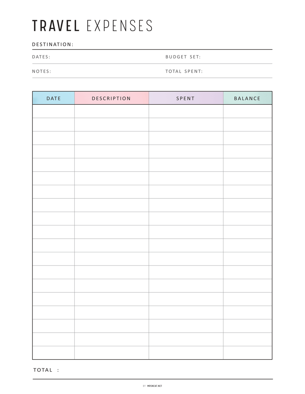 Travel Expense Tracker PRINTABLE - M449 – mrsneat