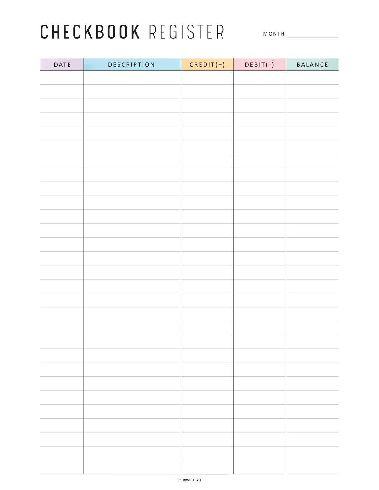 Checkbook Register Printable - M444 – mrsneat