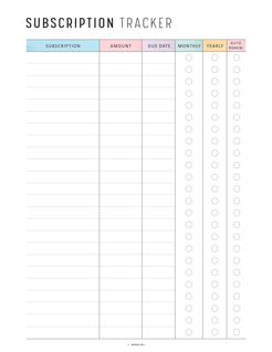 Subscription Tracker Printable - M451 – mrsneat