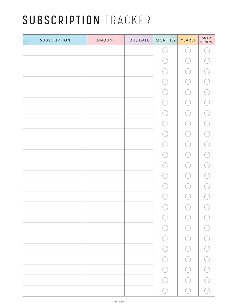 Subscription Tracker Printable - M451 – mrsneat