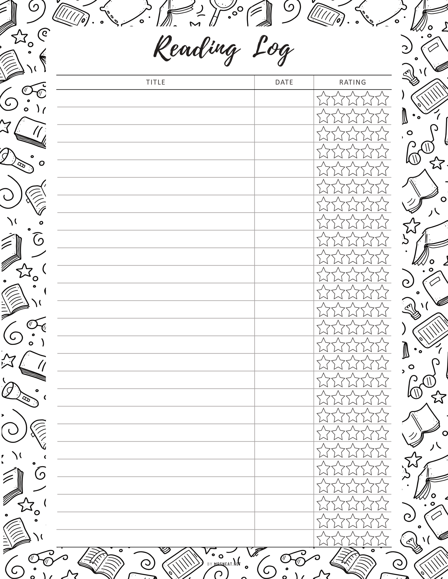 Reading Log Template Printable - M421 – mrsneat