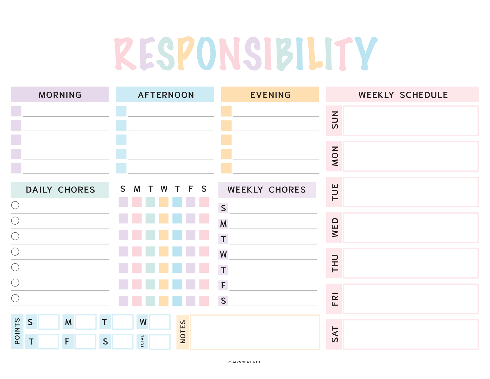 Editable Responsibility Chore Chart Printable PDF - M492 – mrsneat