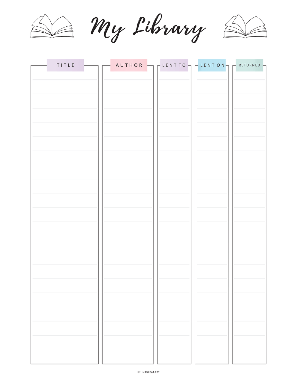 My Library Book Tracker Template Printable - M432 – mrsneat