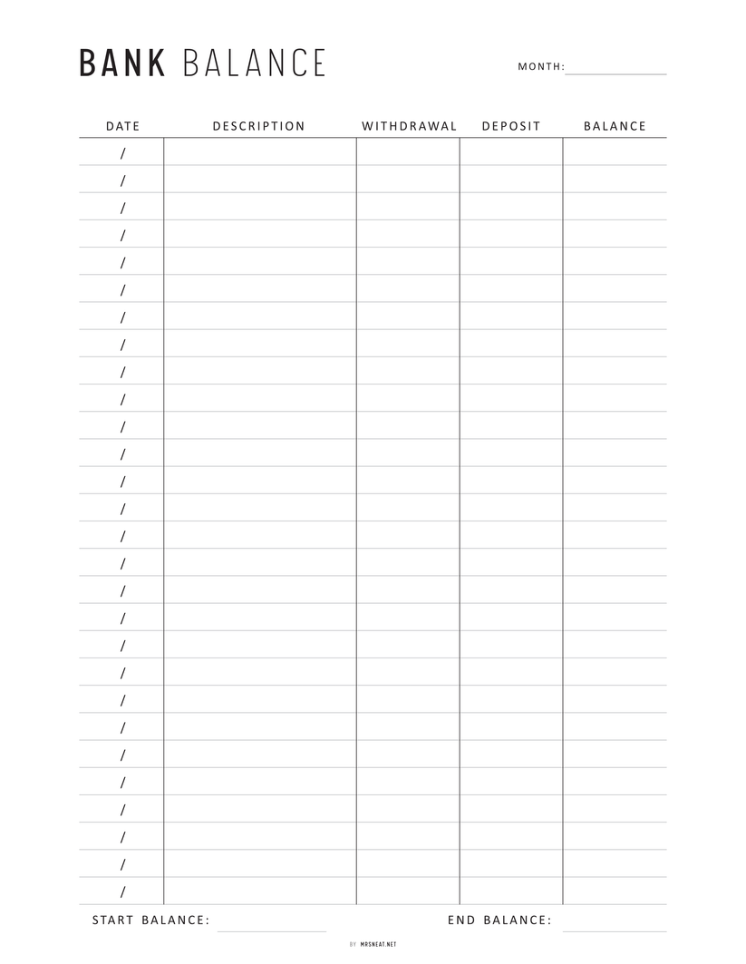 PRINTABLE Bank Balance Sheet, 2 Colors - M446 – mrsneat