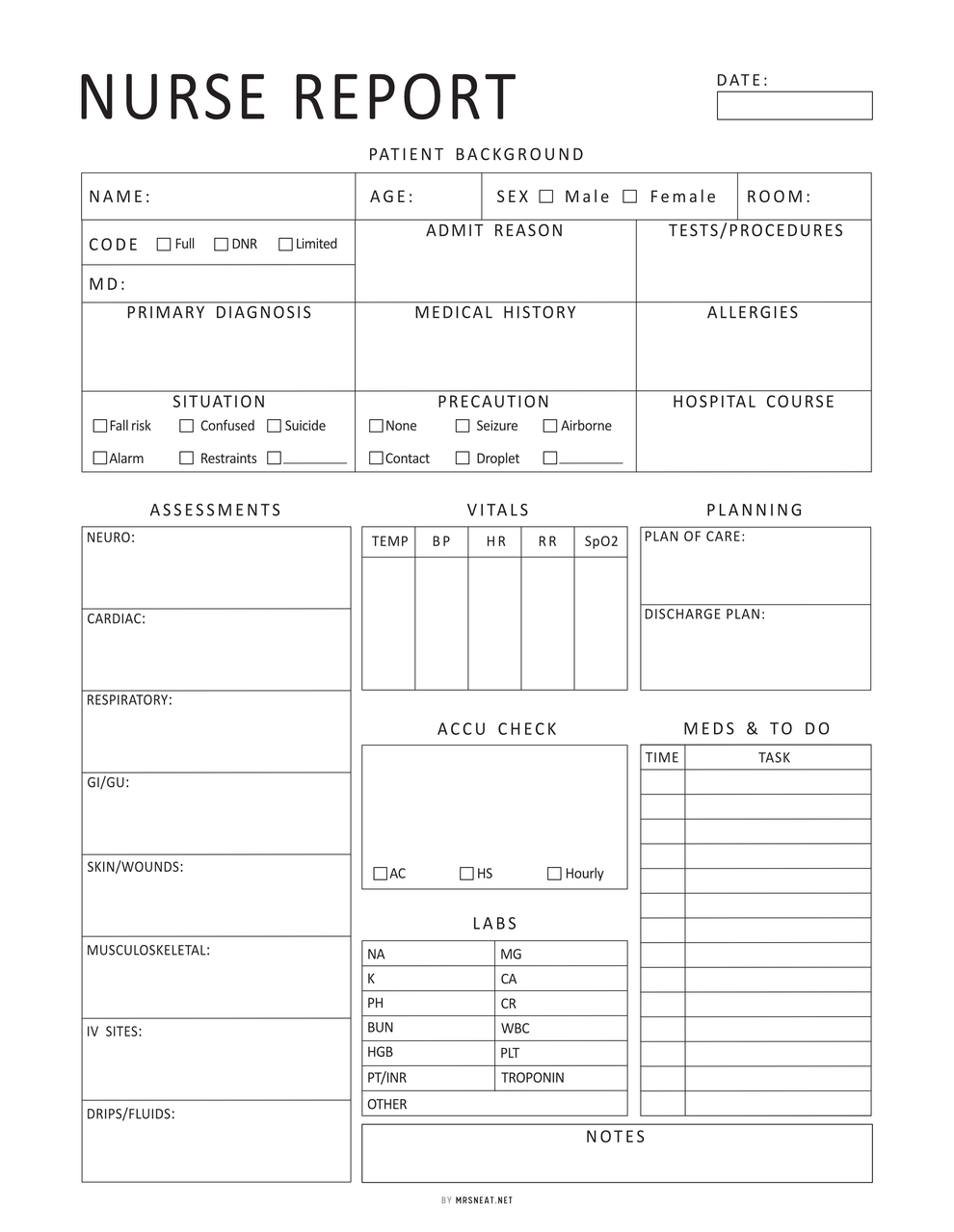 Editable Nurse Report Sheet Printable - M534 – mrsneat