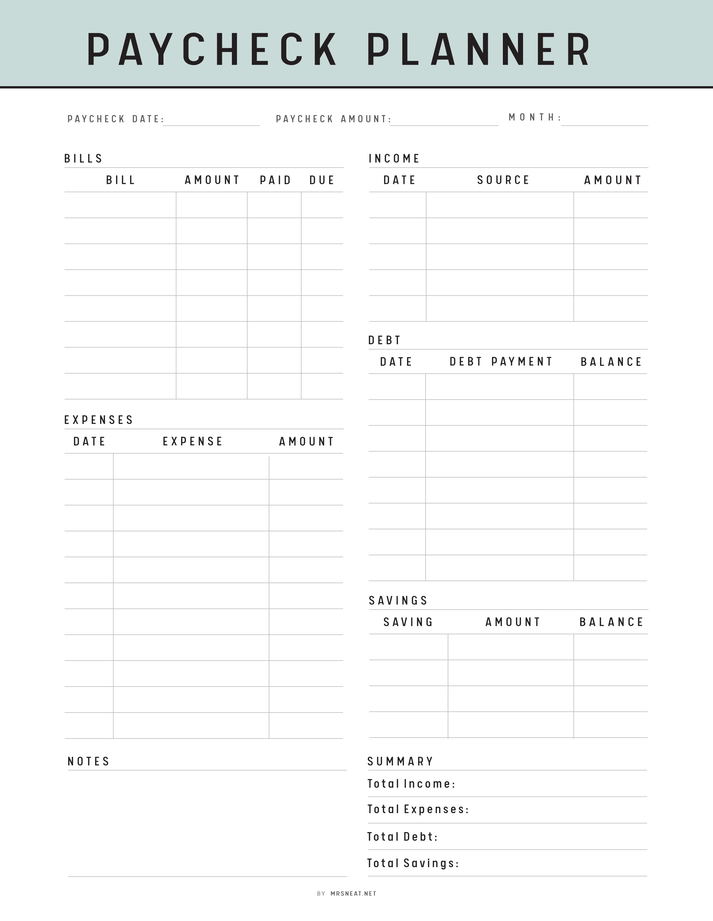 Paycheck Budget Template PRINTABLE - M417 – mrsneat