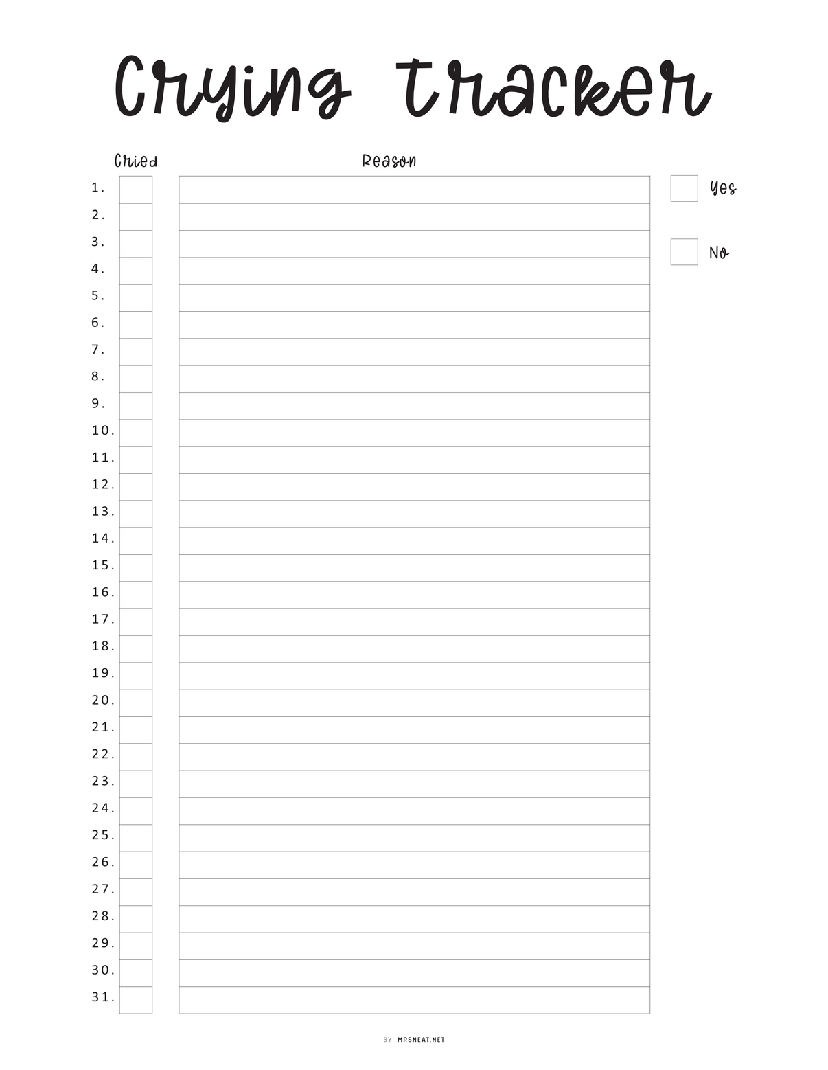 Monthly Crying Tracker Template – mrsneat