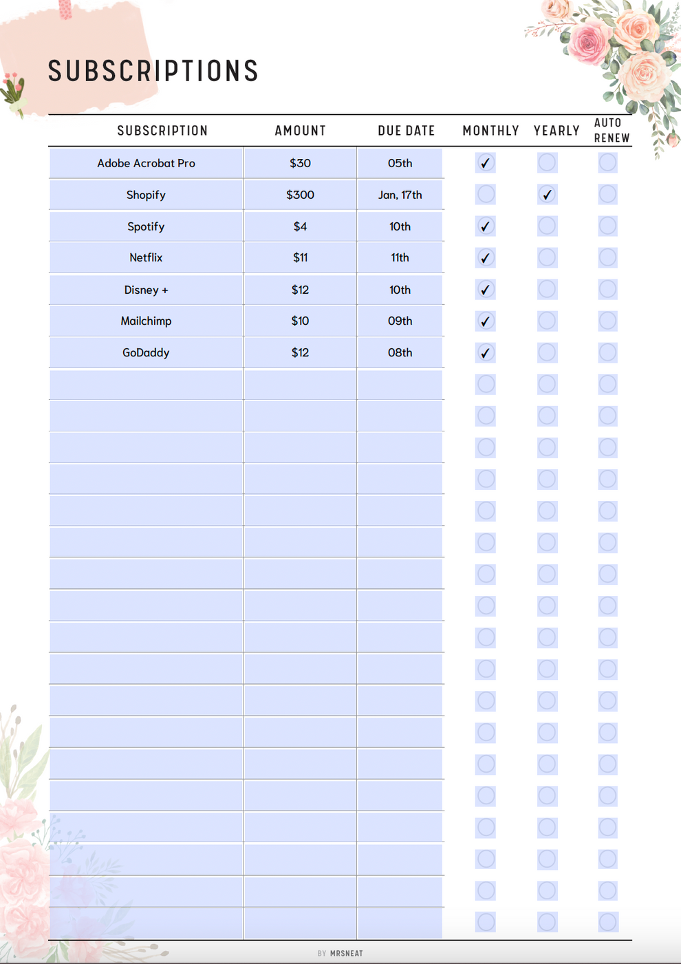 Subscription Tracker Printable - M111/2 – mrsneat