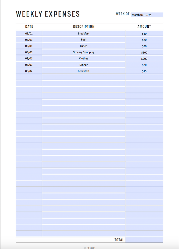 Weekly Spending Tracker Printable - M115/6 – mrsneat