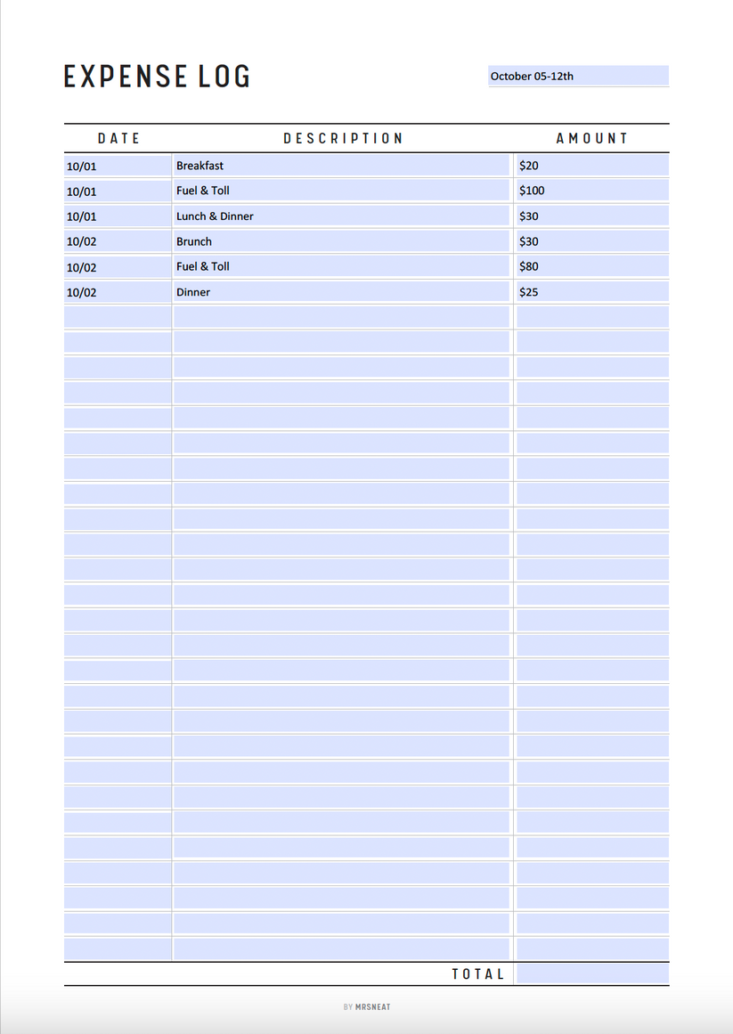 Expense Log Printable - M117/8 – mrsneat