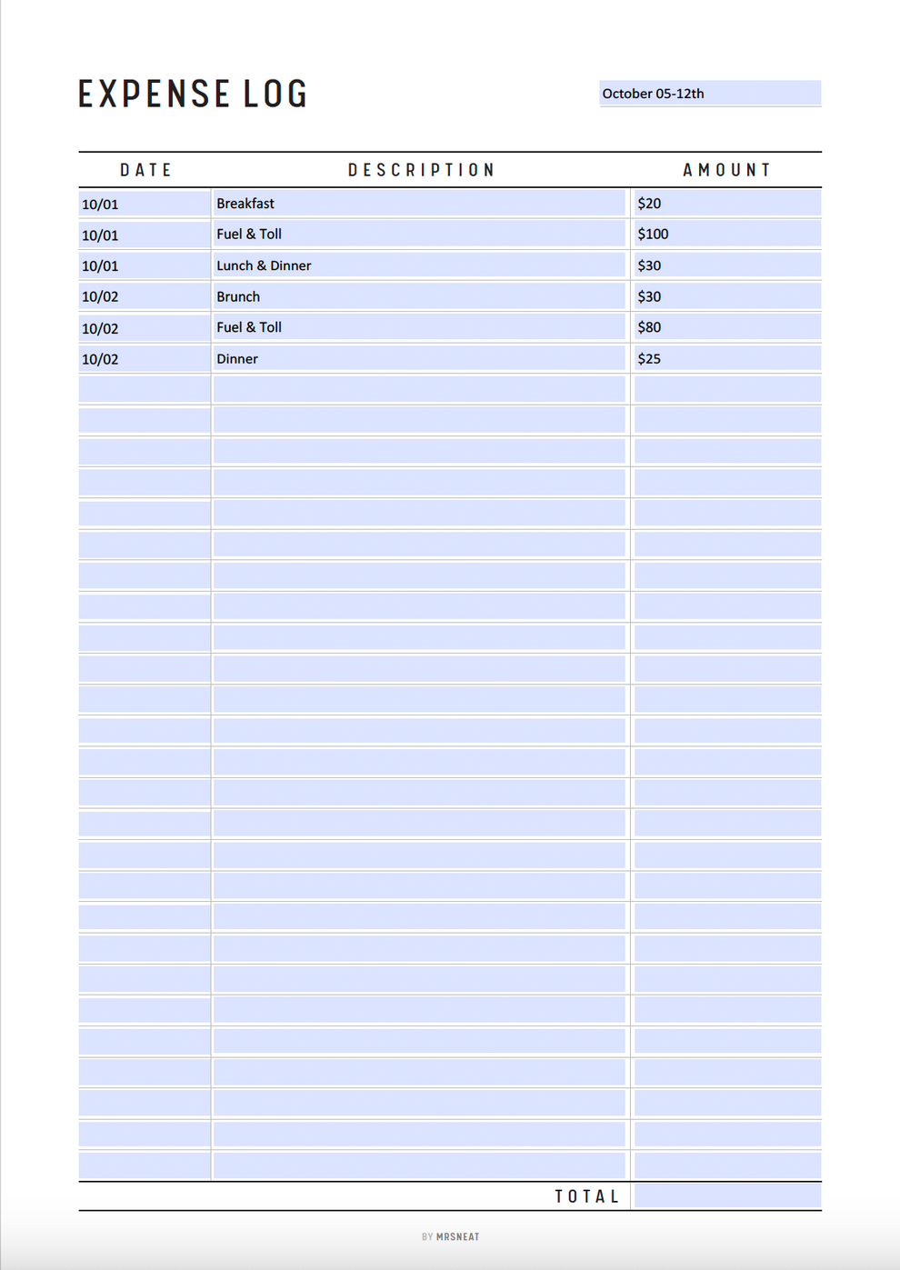 Expense Log Printable - M117/8 – mrsneat