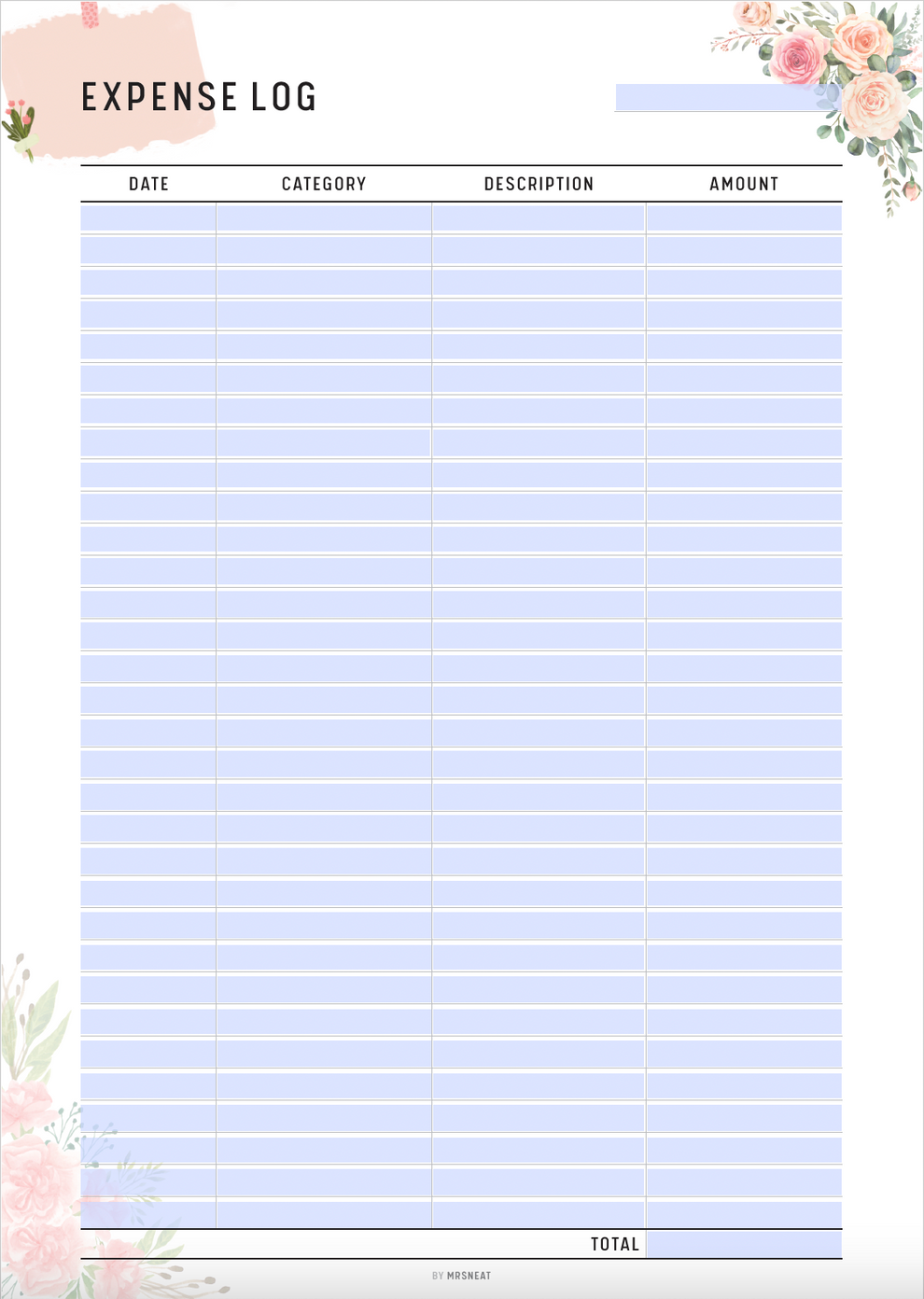Expense Log Printable - M117/8 – mrsneat