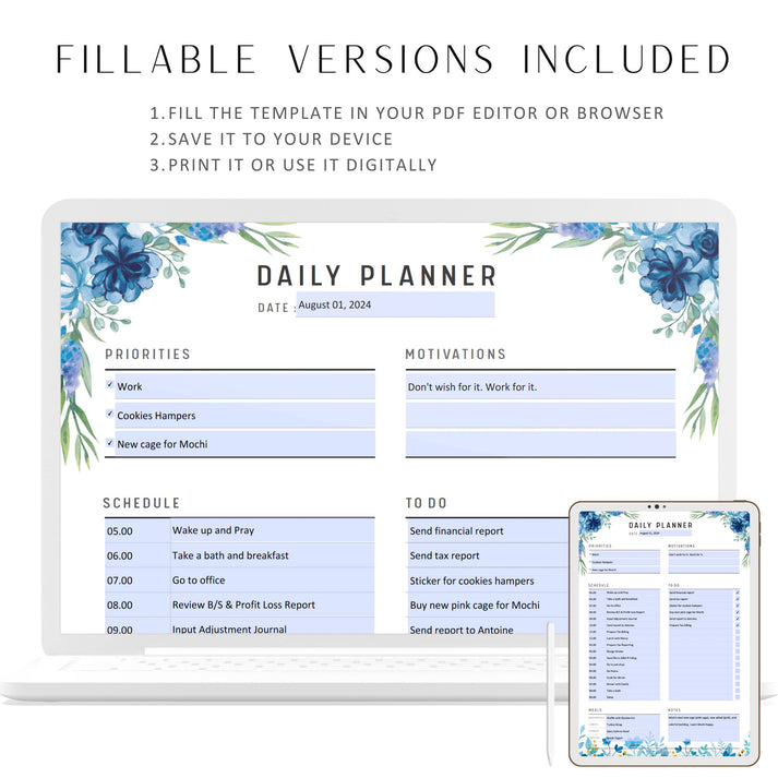 Blue Floral Daily Planner Printable - M125 – mrsneat