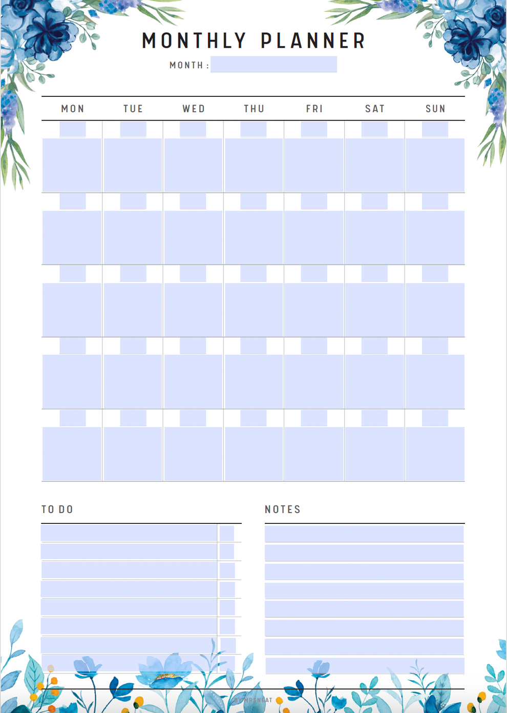 Blue Floral Monthly Planner Printable - M129 – mrsneat