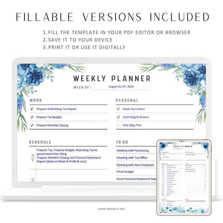 Blue Floral Daily, Weekly & Monthly Planner - M132 – mrsneat