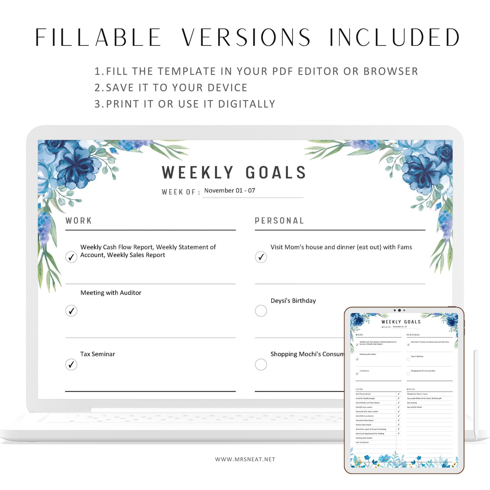 Blue Floral Weekly Goal Tracker Planner - M135 – mrsneat
