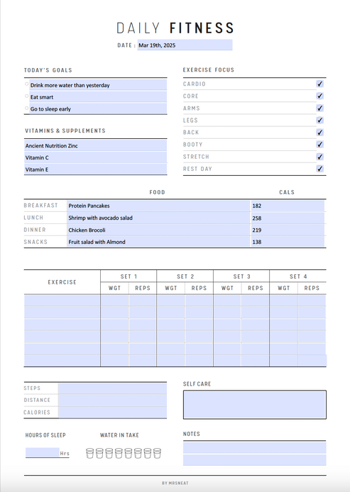 Daily Fitness and Health Planner Printable - M142 – mrsneat