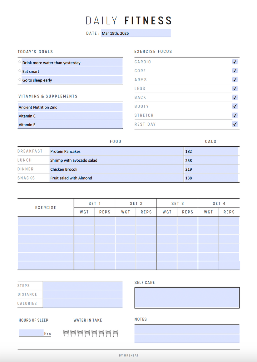 Daily Fitness and Health Planner Printable - M142 – mrsneat