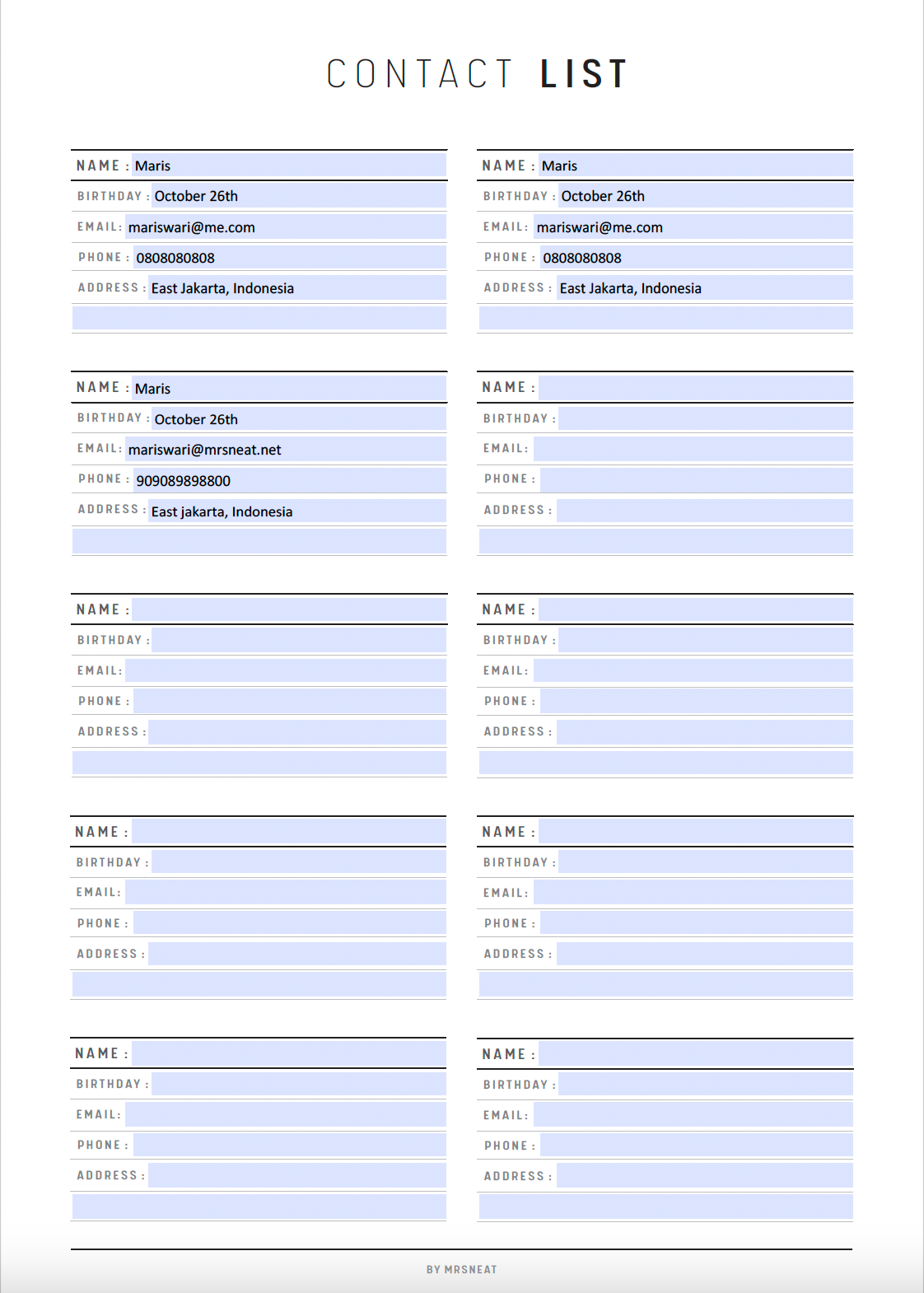 Contact List Planner Inserts - M145 – mrsneat