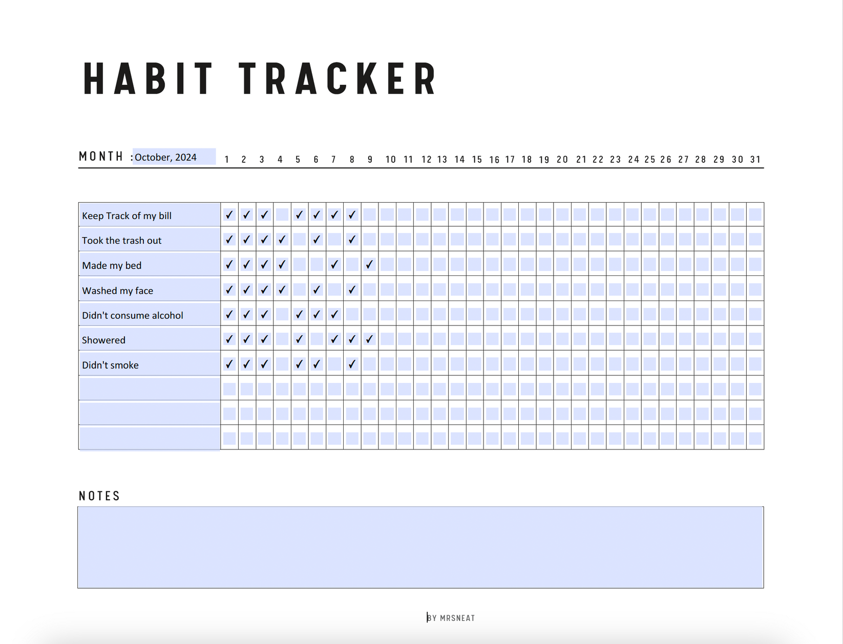 Landscape Monthly Habit Tracker - M164 – mrsneat