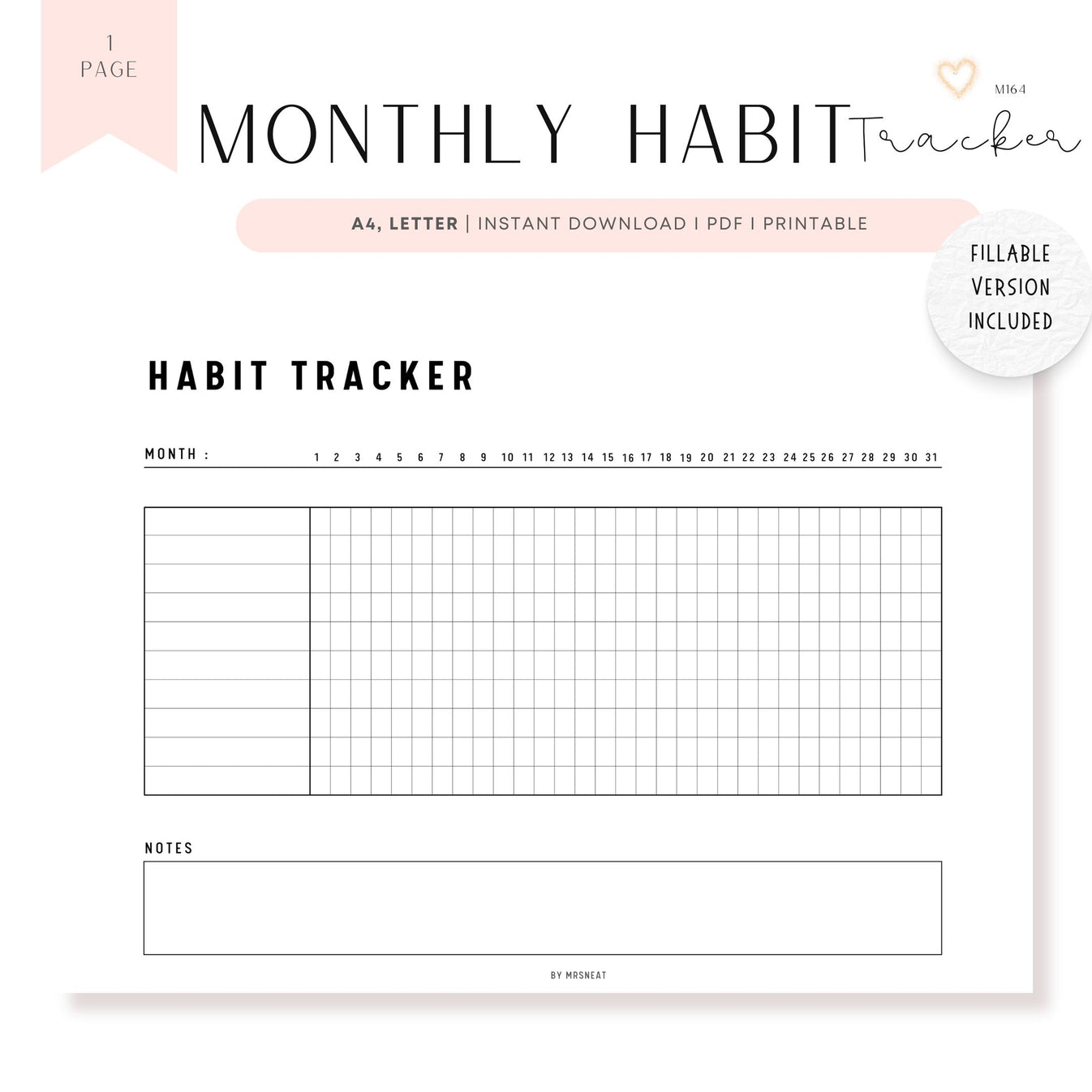 Landscape Monthly Habit Tracker - M164 – mrsneat