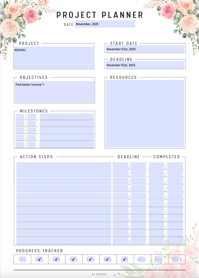 Project Planner Printable - M177 – mrsneat