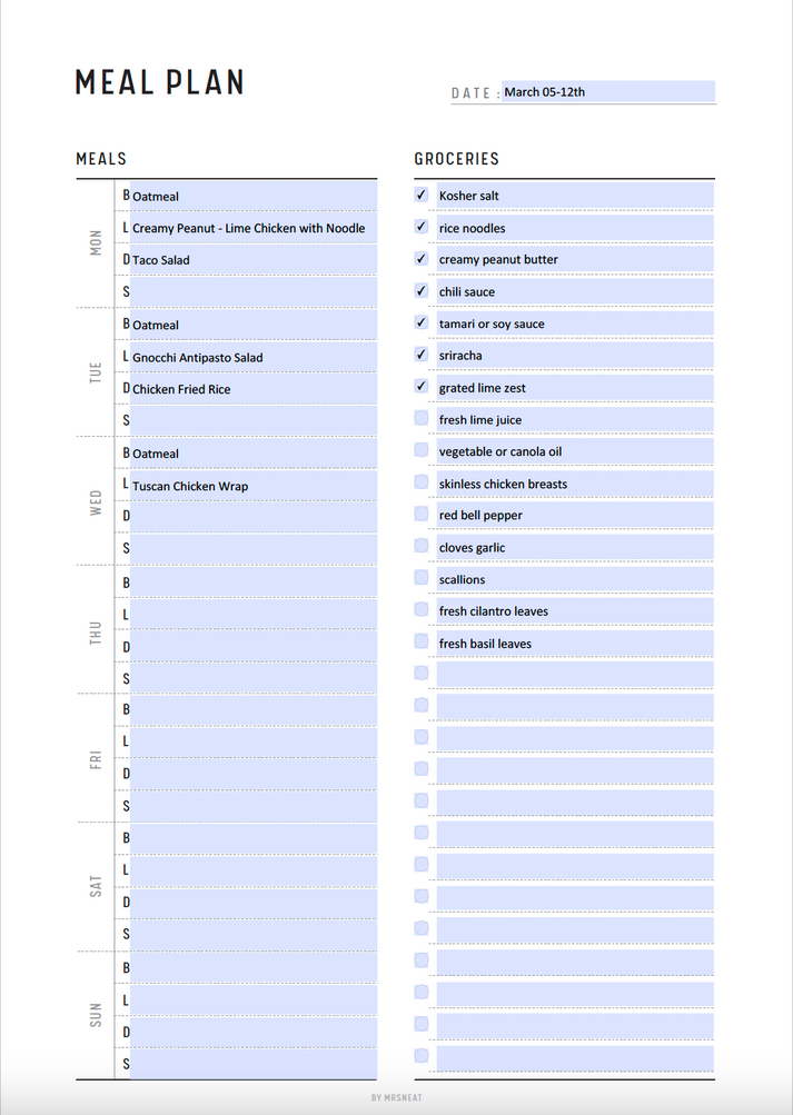 Meal Planner and Grocery List Template - M182 – mrsneat