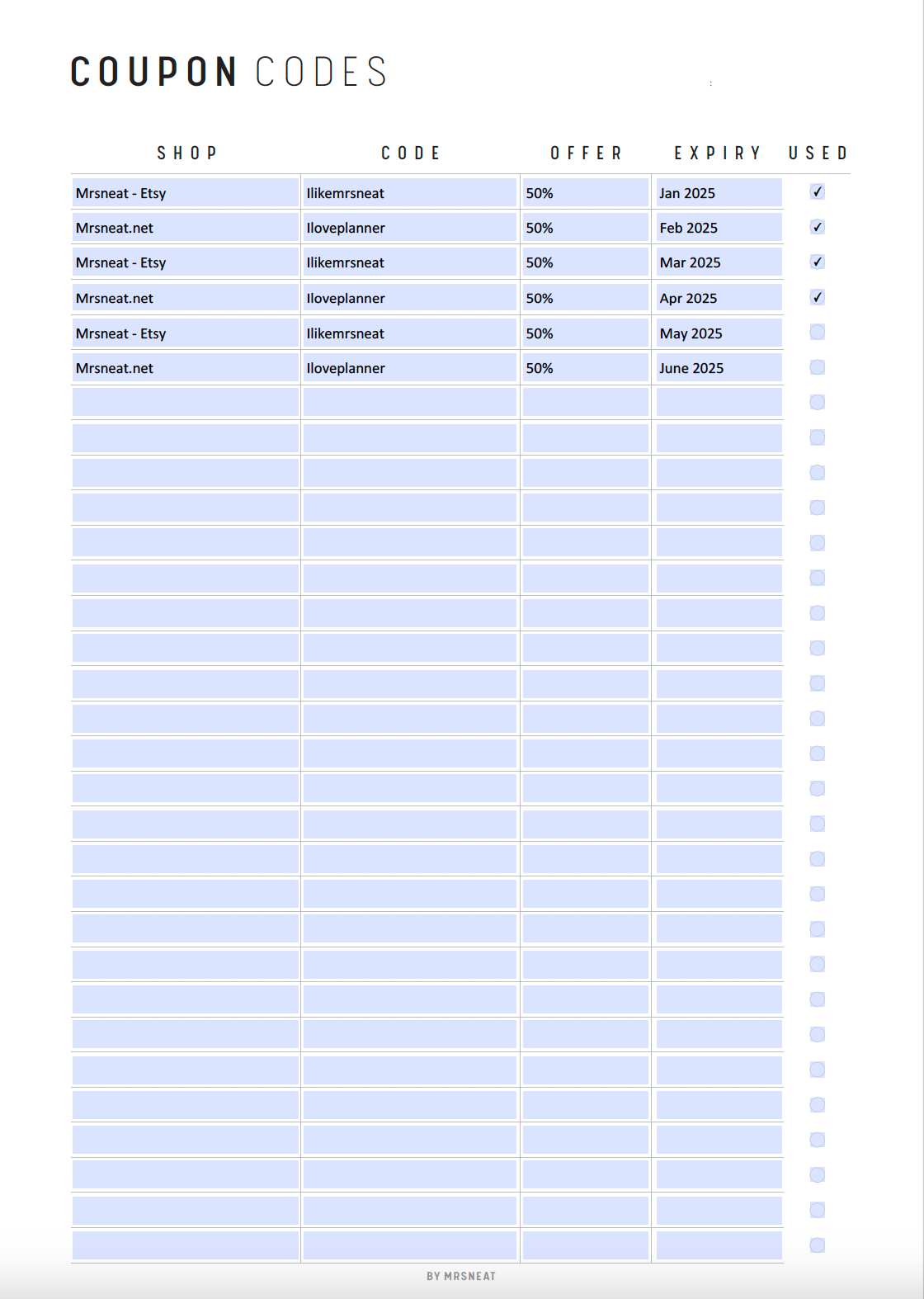 Coupon Code Tracker Printable - M193 – mrsneat